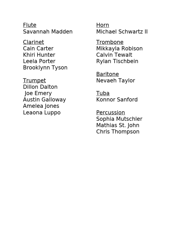Student Instrument List for Band | PDF