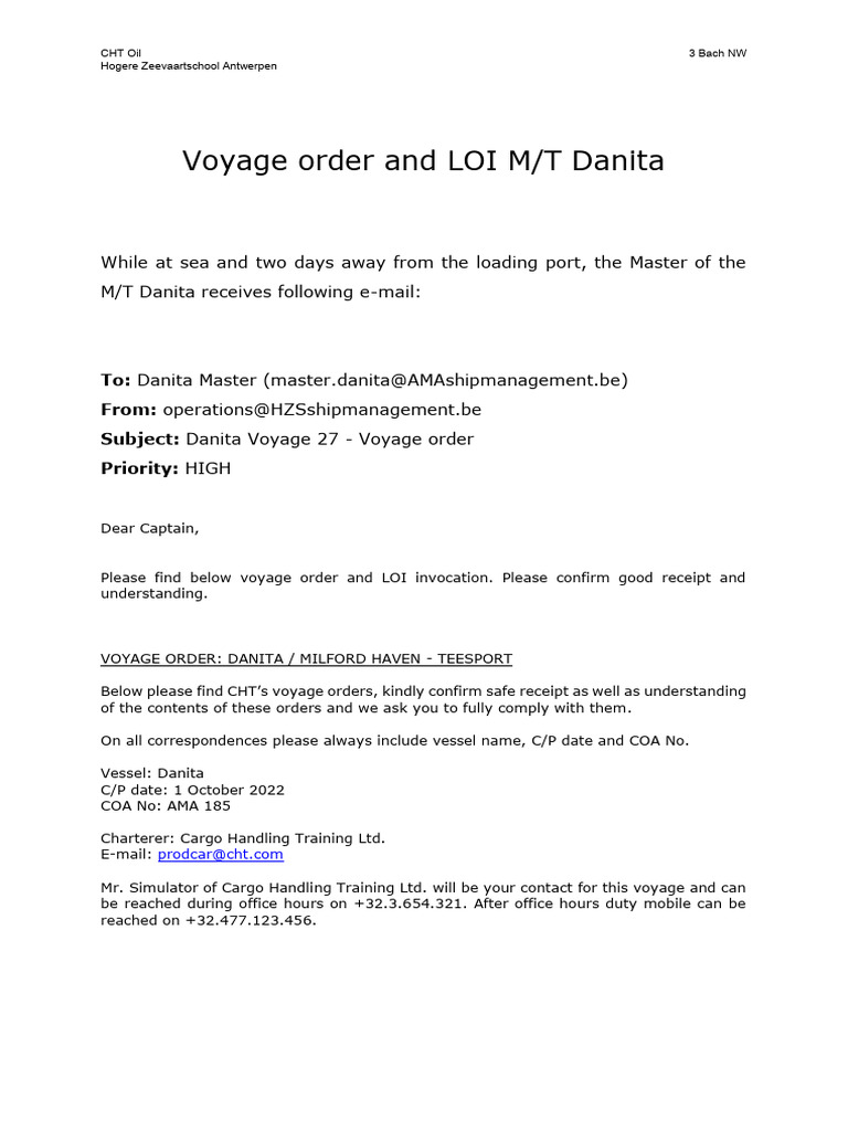 Voyage Order for M/T Danita: Milford Haven to Teesport | PDF | Port ...