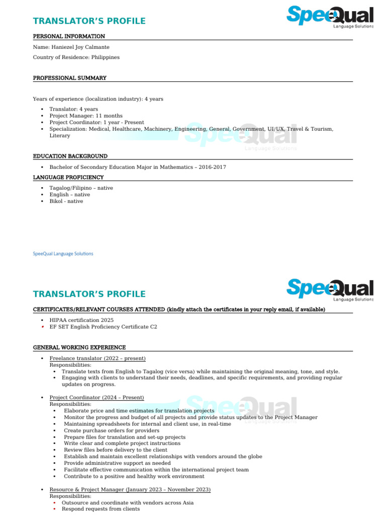 Translator's Profile_Haniezel Joy | PDF