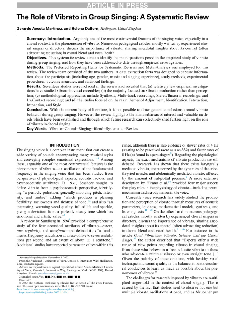 The Role of Vibrato in Group Singing | PDF | Pitch (Music) | Singing
