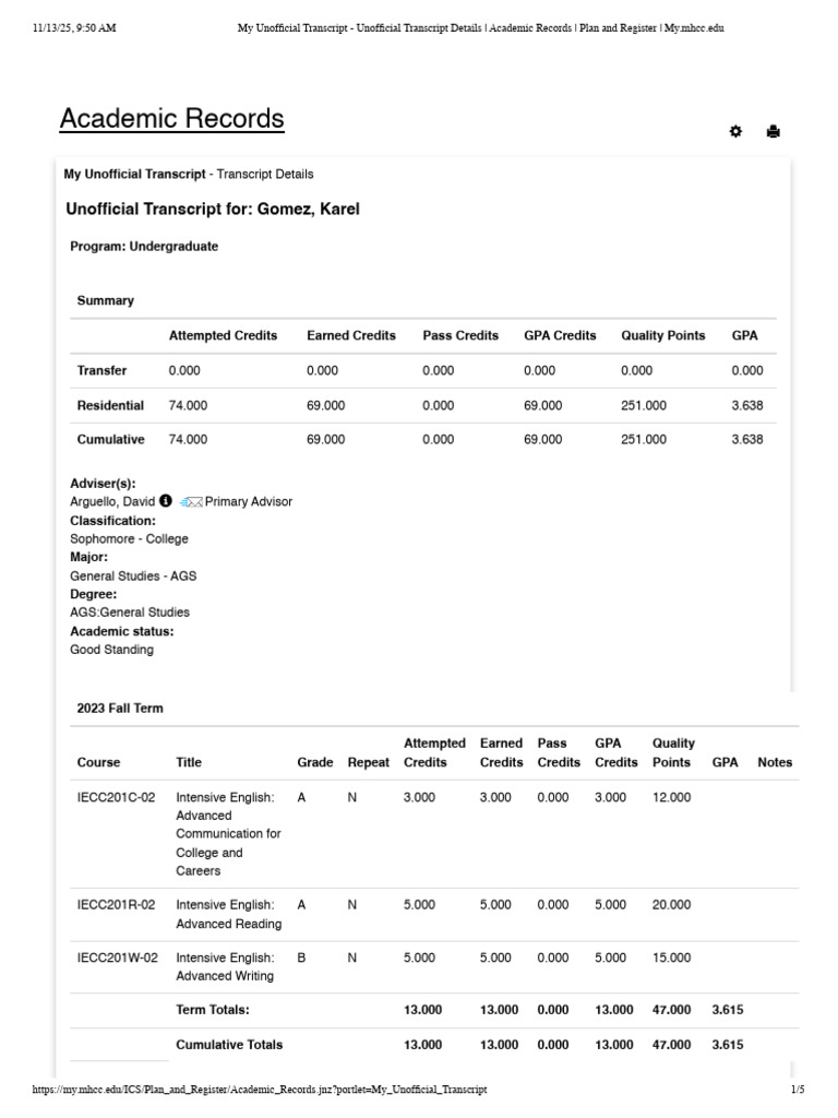 My Unofficial Transcript - Unofficial Transcript Details _ Academic ...