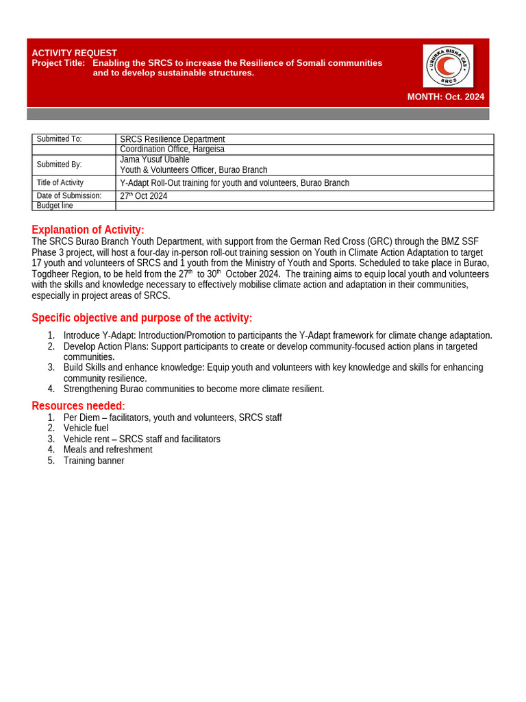 ACTIVITY REQUEST_Burao Branch Y-Adapt Roll-out Training_Sept 2024 (3) | PDF