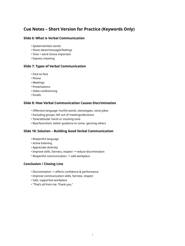 Presentation Cue Notes – Verbal Communication & Discrimination | PDF