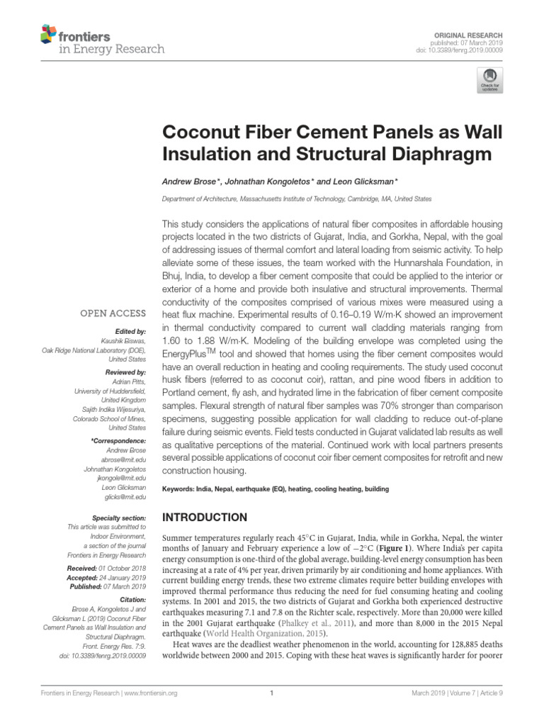 Coconut Fiber Cement Panels as Wall Insulation and Structural Diaphragm ...