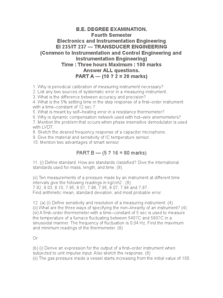 Transducer Engineering Exam Paper | PDF | Electrical Resistance And Conductance | Sensor