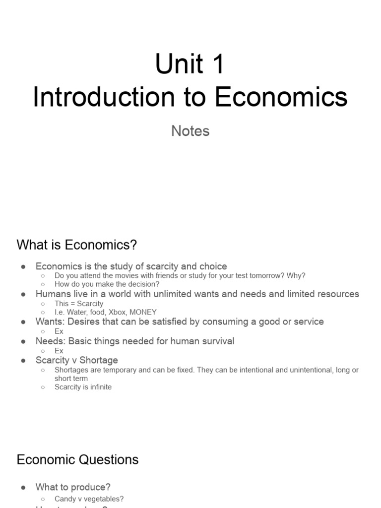 Unit 1 Introduction to Economics Notes | PDF | Economies | Economics