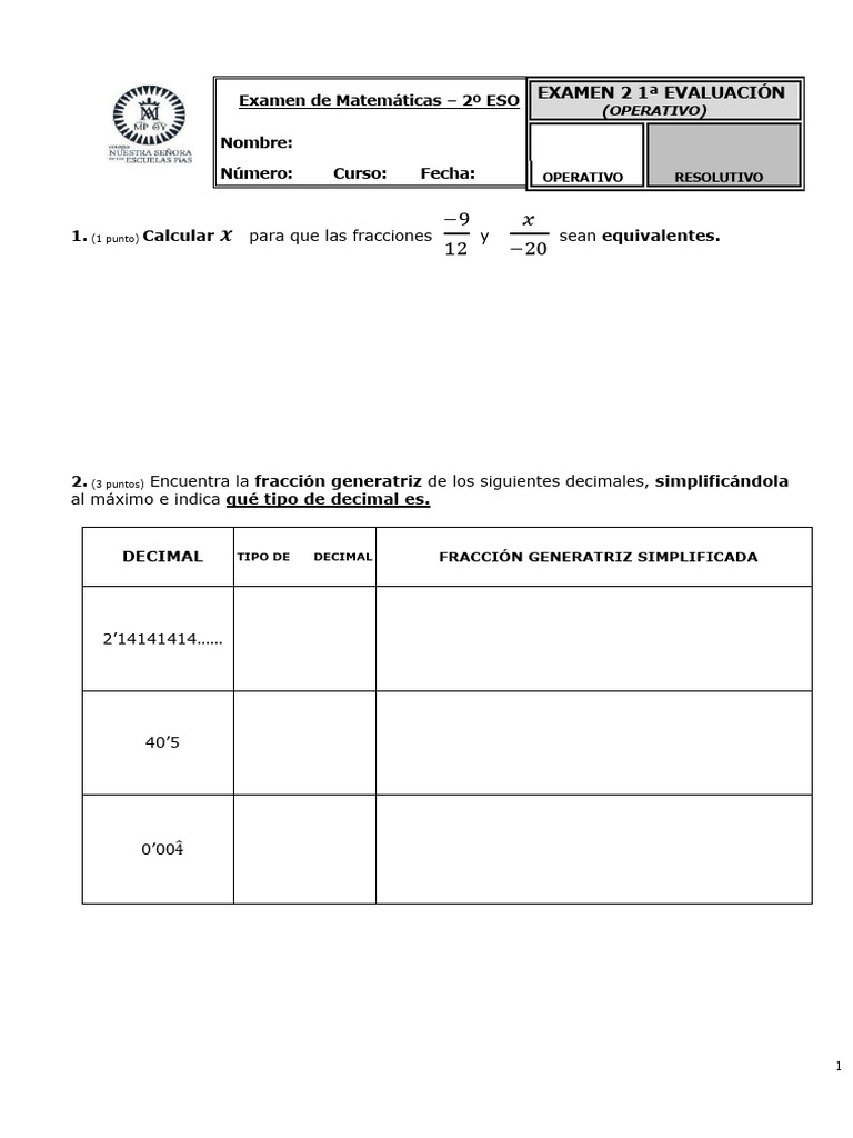 Examen de Matemáticas 2º ESO: Fracciones y Potencias | PDF | Números ...