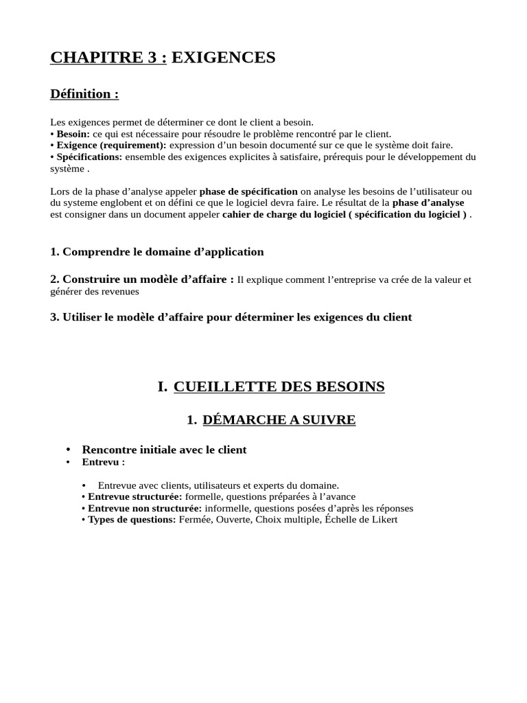 Exigences et cueillette des besoins client | PDF