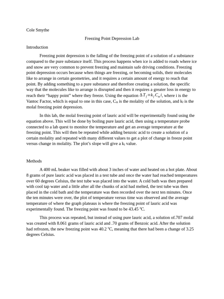 Freezing Point Depression Lab Results | PDF | Melting Point | Freezing