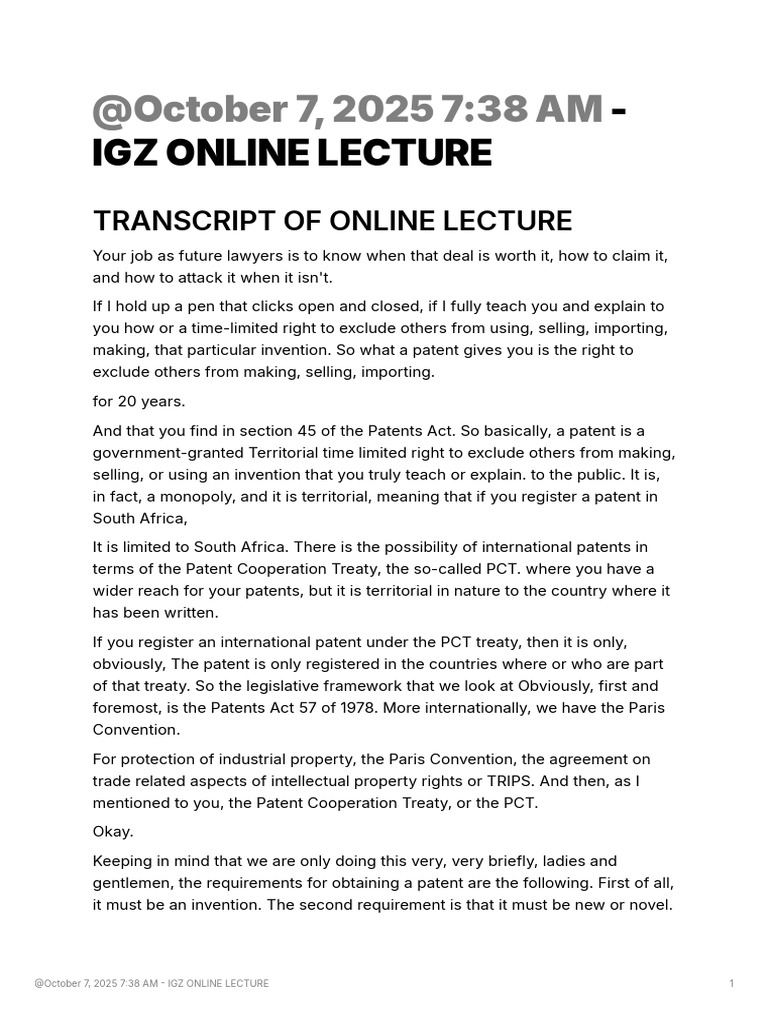 October 7 2025 738 Am - Igz Online Lecture | PDF | Patent | Priority Right