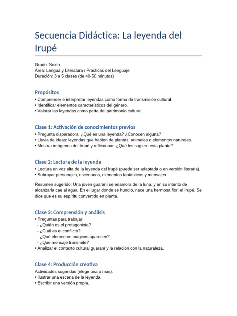 Secuencia Didactica Leyenda Irupe | PDF