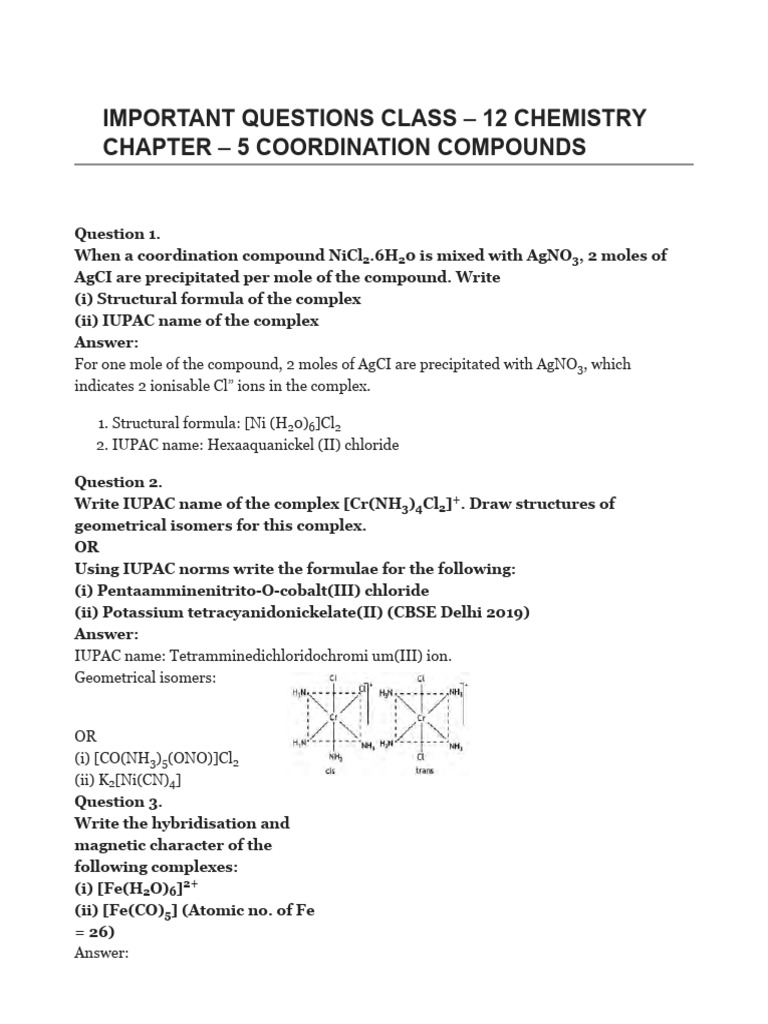 Important Question Class 12 Chemistry Chapter 5 | PDF | Coordination ...