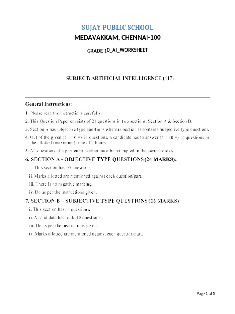 Grade10 AI Worksheet | PDF