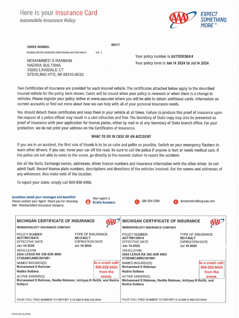 Mohammed Rahman 2024 Lexus Certificate of Insurance | PDF