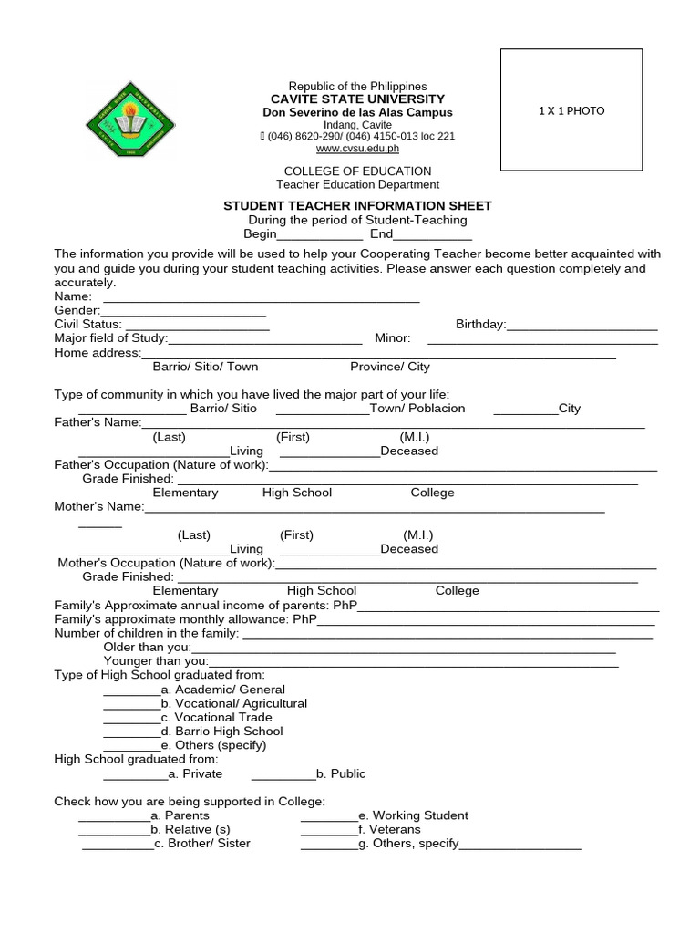Student Teacher Information Sheet | PDF