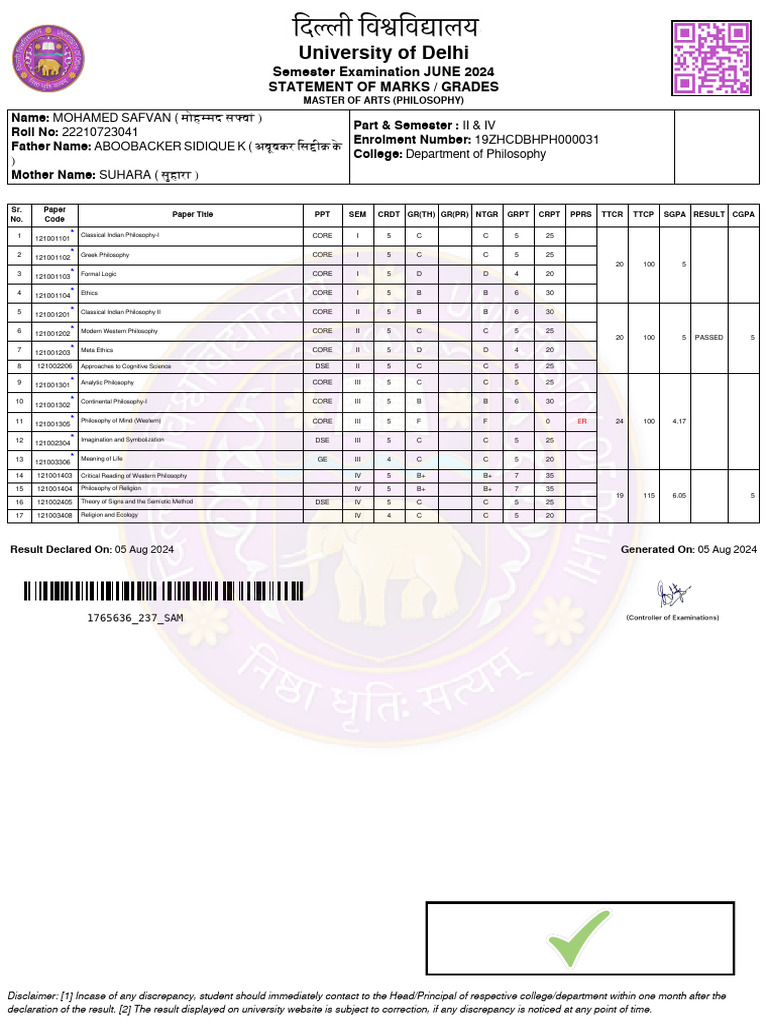 University of Delhi: Semester Examination JUNE 2024 Statement of Marks ...