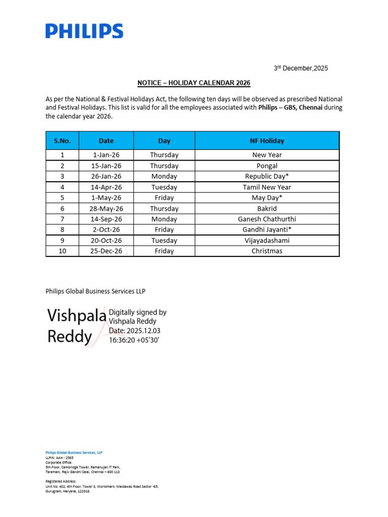 Holiday List Chennai - GBS 2026 | PDF