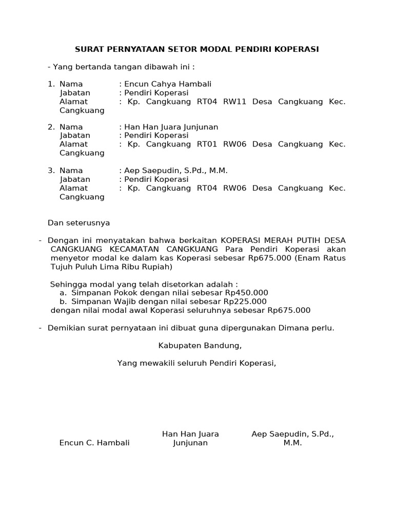 Surat Setoran Modal Koperasi Cangkuang | PDF