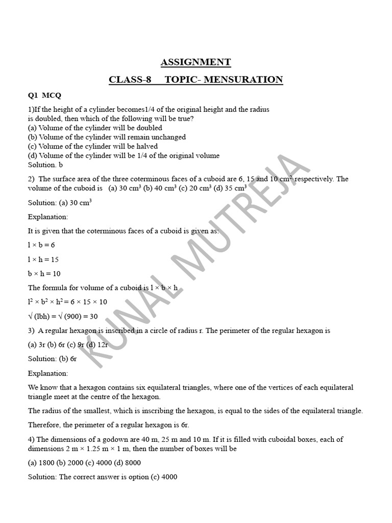 Class 8 Mensuration Assignment | PDF | Volume | Area