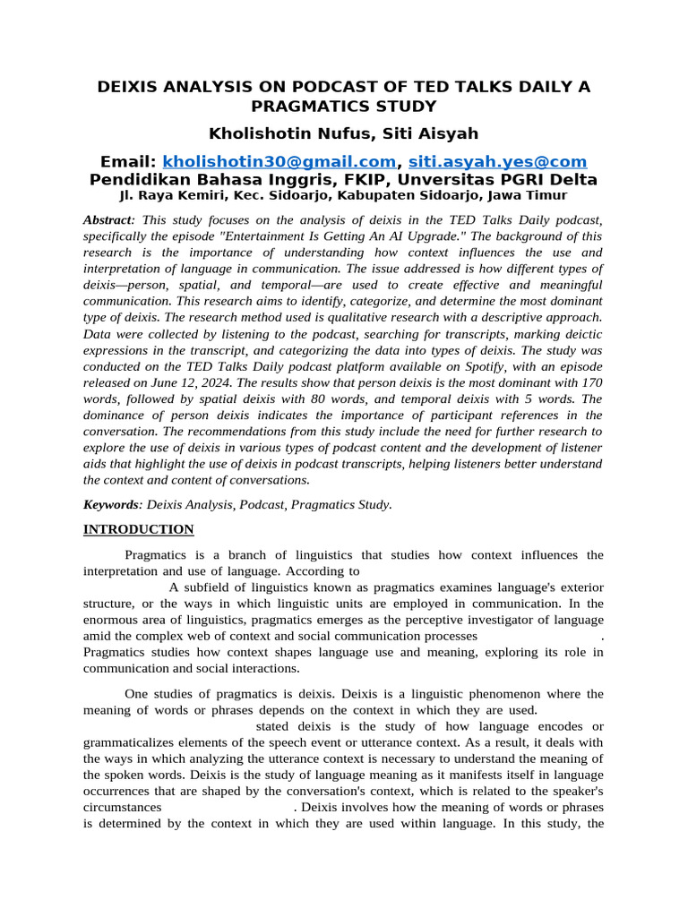 Deixis Analysis On Podcast of Ted Talks Daily | PDF | Semantics ...