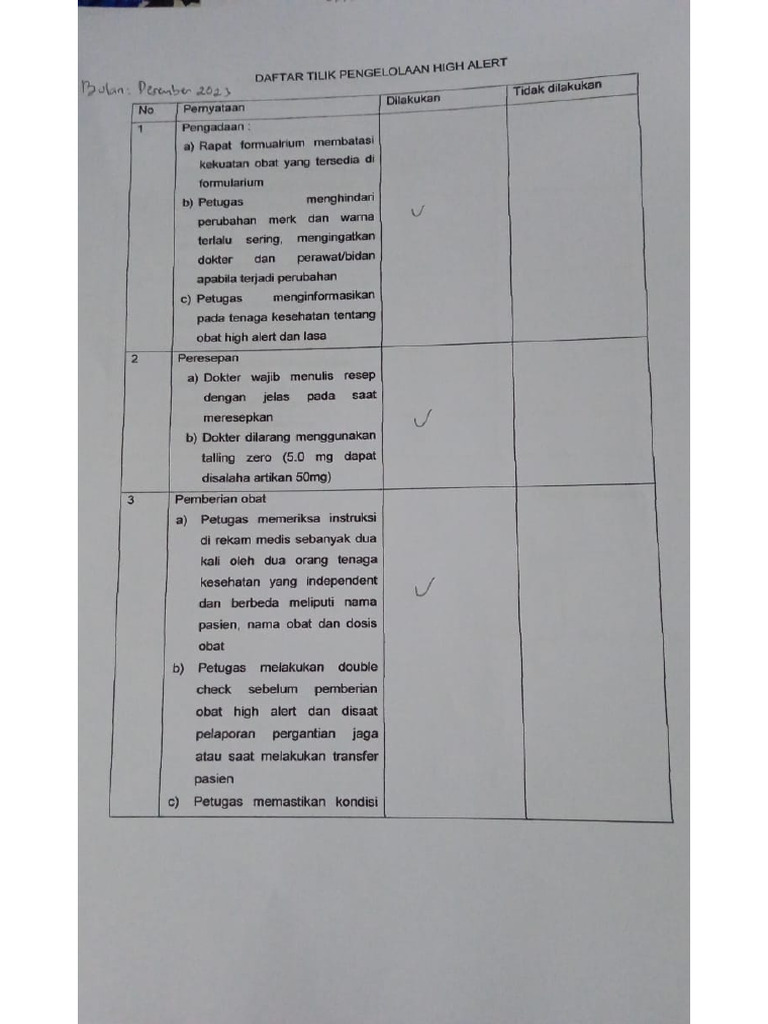 Daftar Tilik Pengelolaan High Alert | PDF