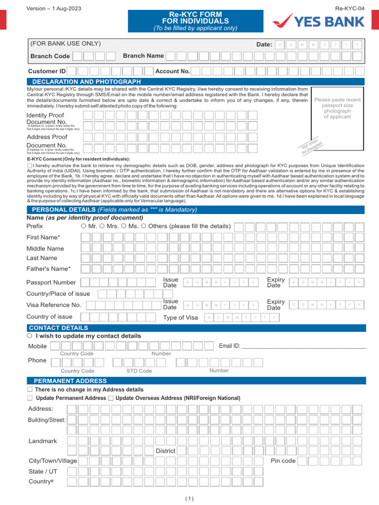 Re - Kyc - Form - Individuals - PDF Oct | PDF | Identity Document ...