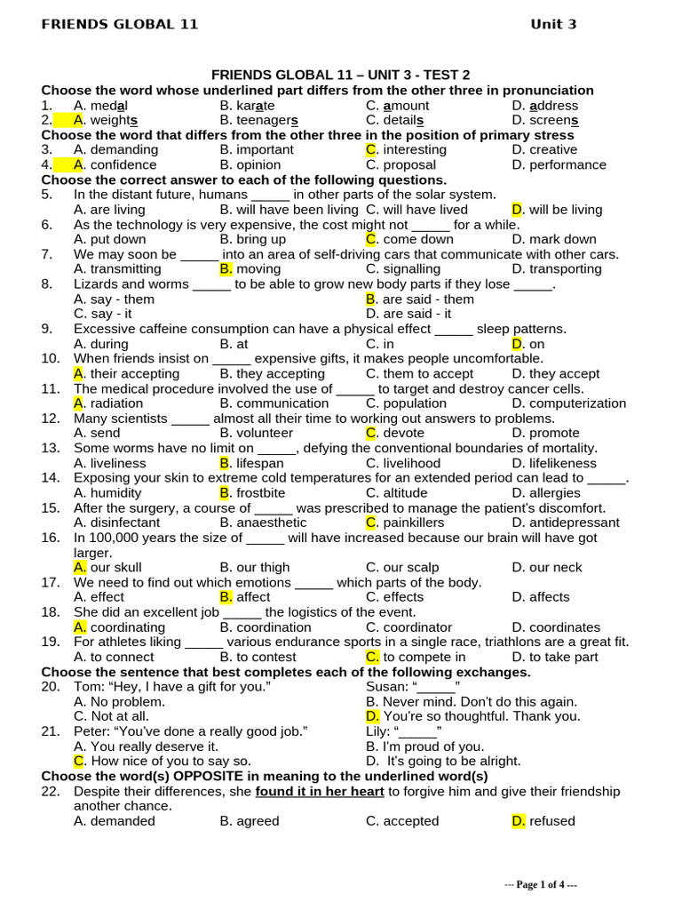 Friends Global 11 Unit 3 Test 2 | PDF | Physical Fitness | Dieting