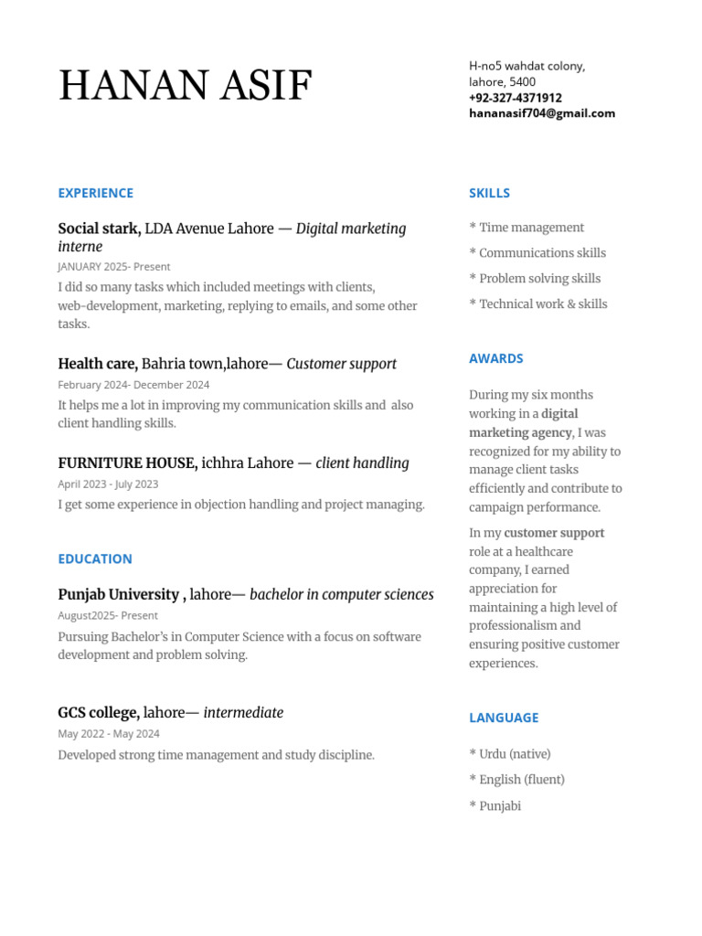 Hanan Asif Resume | PDF | Computing