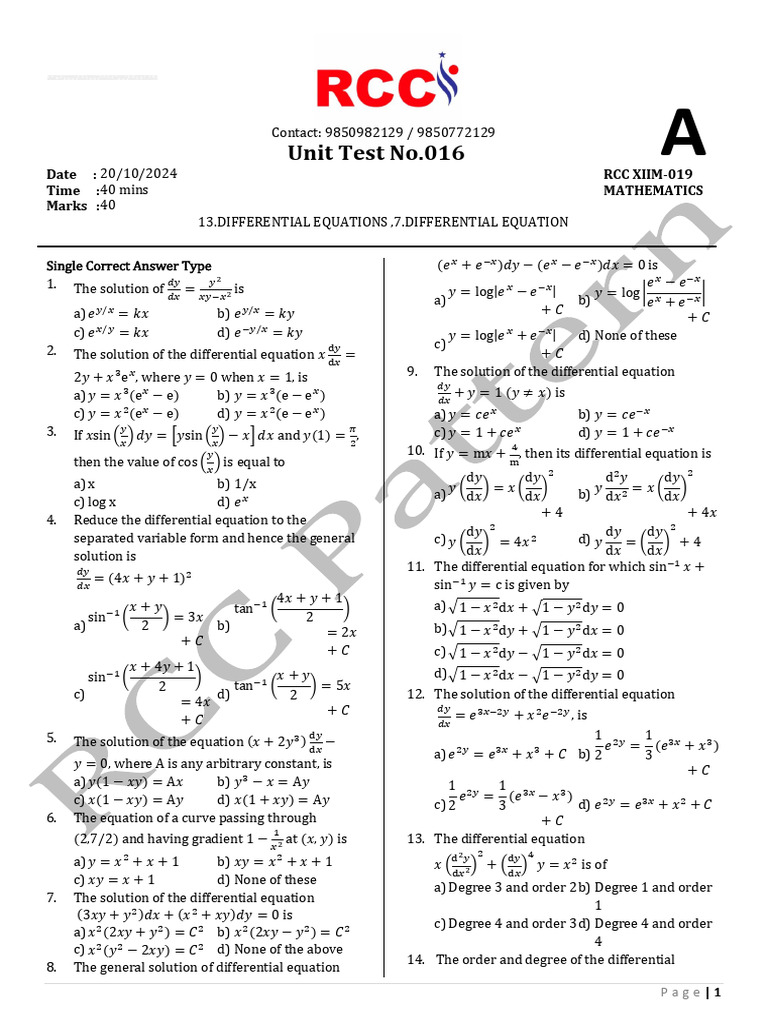 Differential Equations Test Solutions | PDF | Equations | Calculus