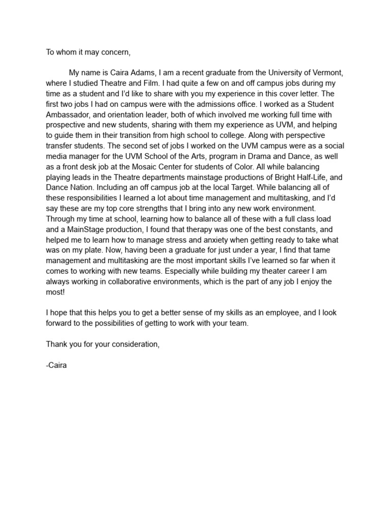 Cover Letter of Caira Adams | PDF