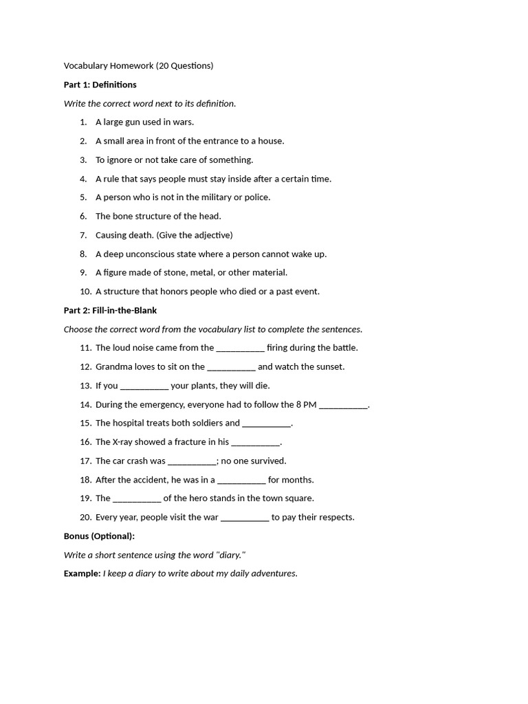 Vocabulary Homework | PDF