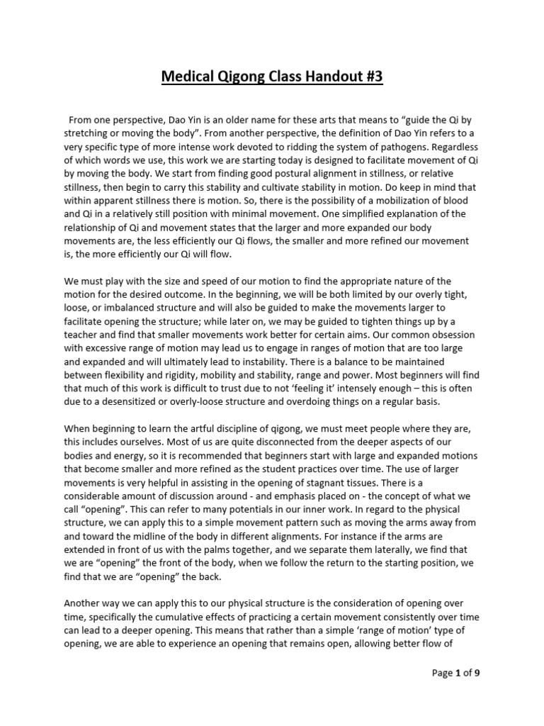 Medical Qigong Class Handout #3 - Revised Jan 2024 | PDF | Breathing | Hand