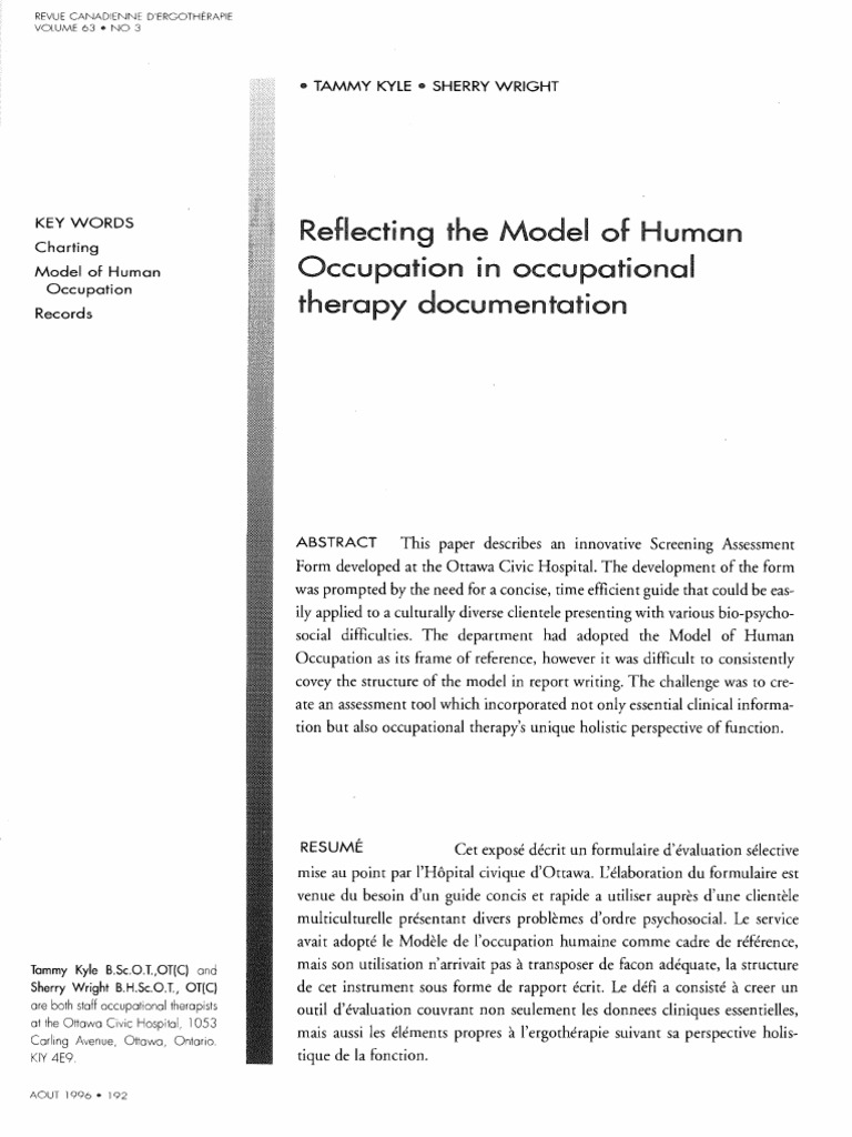 Reflecting the Model of Human Occupation in Occupational Therapy ...