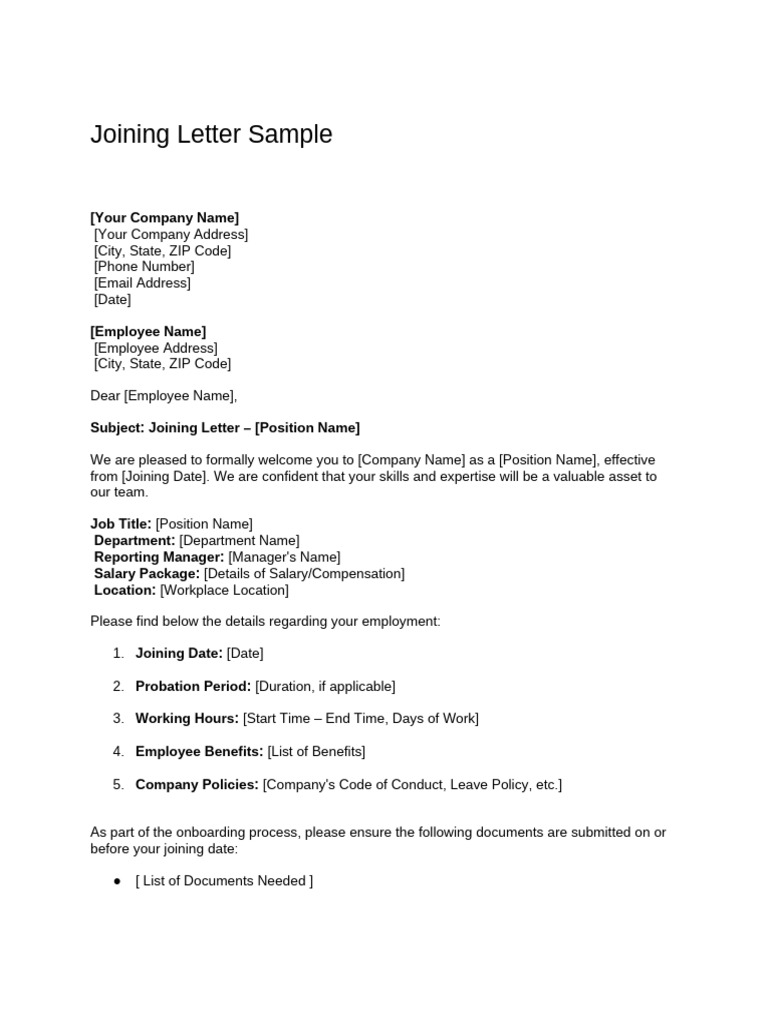 Joining Letter Template for New Employees | PDF