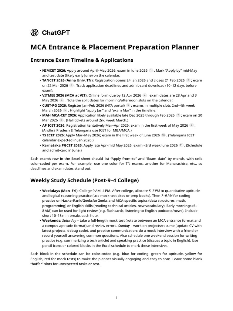 MCA Entrance Exam & Placement Planner | PDF | Résumé