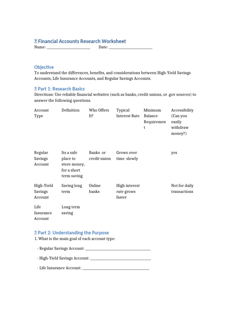 Financial Accounts Research Worksheet | PDF | Savings Account | Banks