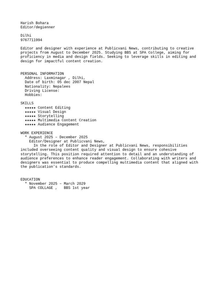 Harish Bohara - Resume - Editor - Degienner | PDF