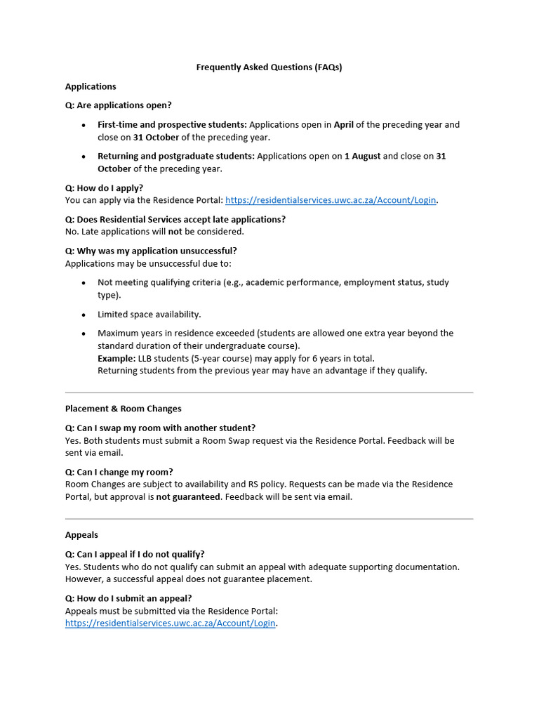 UWC Residence Application FAQs | PDF