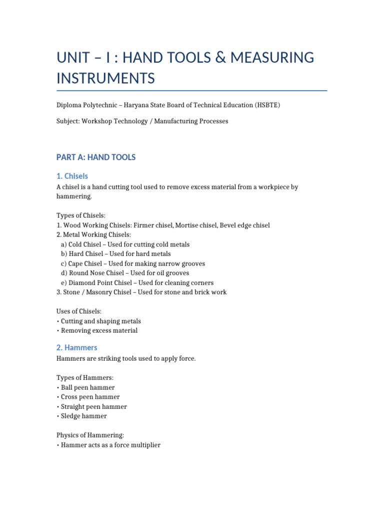 UNIT I Hand Tools and Measuring Instruments HSBTE | PDF | Tools ...
