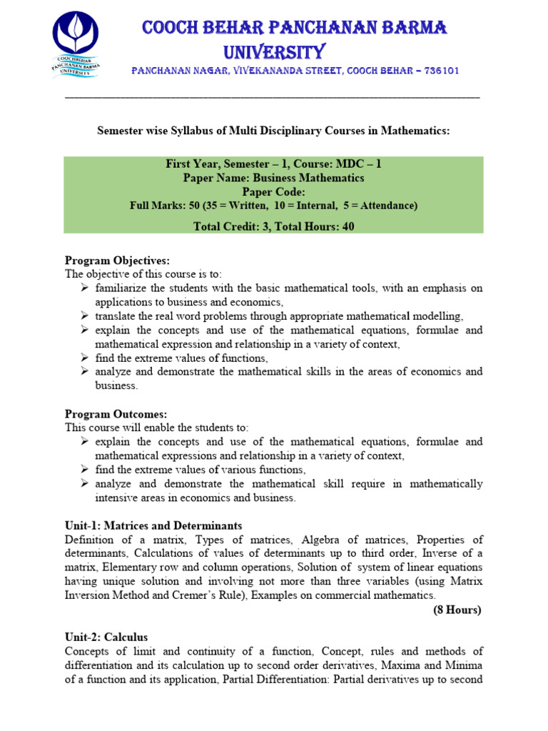 4 Year UG NCCF Syllabus Math 1.7.2024_with Mdc | PDF | Matrix ...