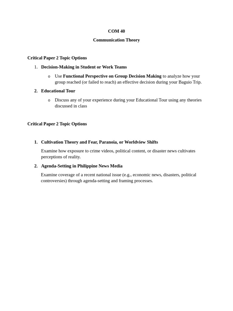 Communication Theory Critical Paper Topics | PDF