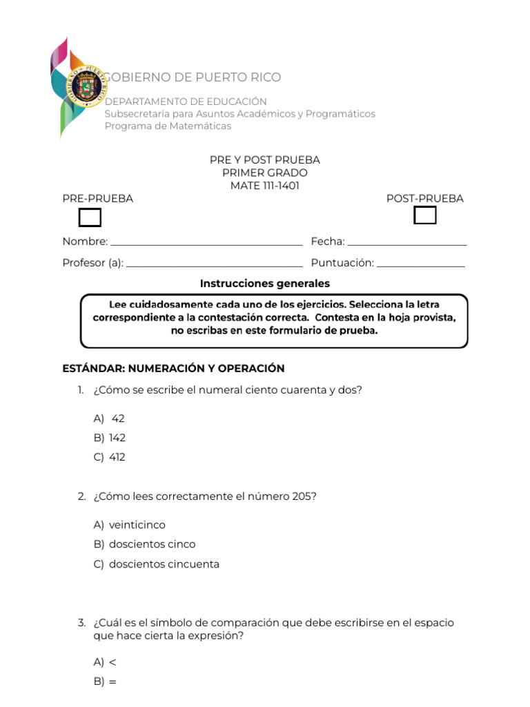 1ro Pre Prueba Primer Grado 2022 | PDF