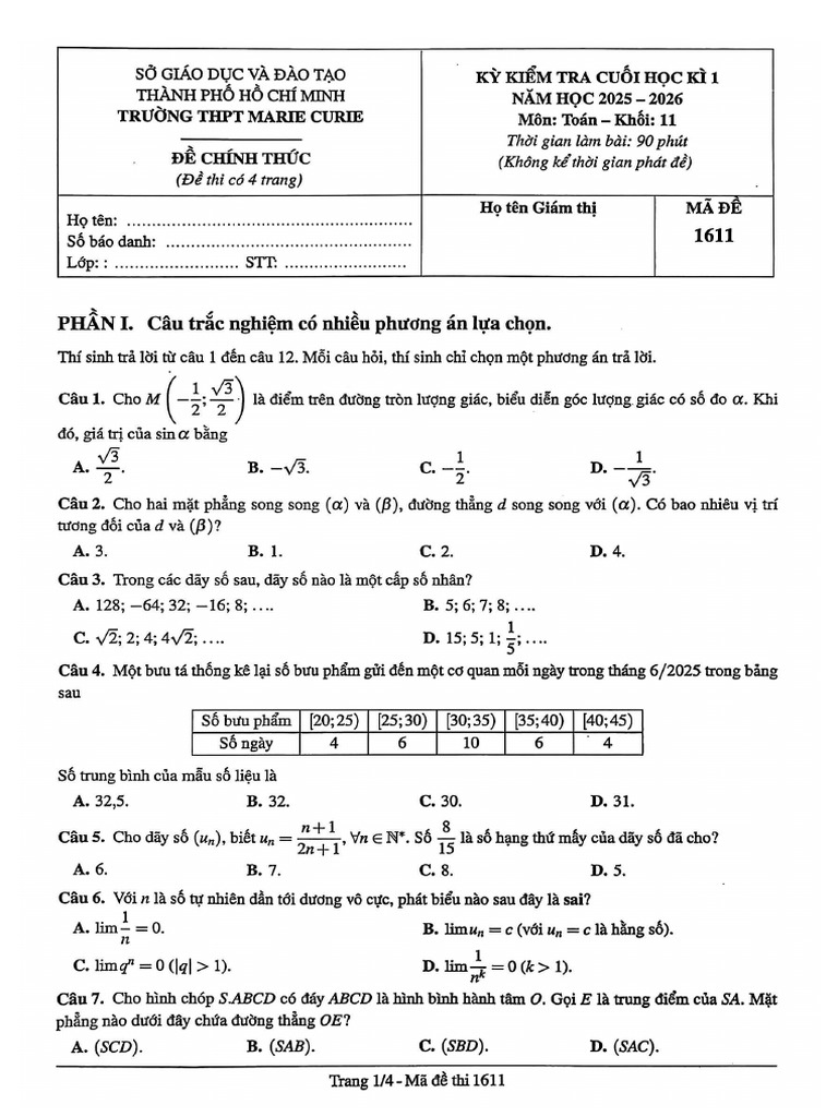 De Cuoi Hoc Ki 1 Toan 11 Nam 2025 2026 Truong Thpt Marie Curie Tp Hcm Pdf