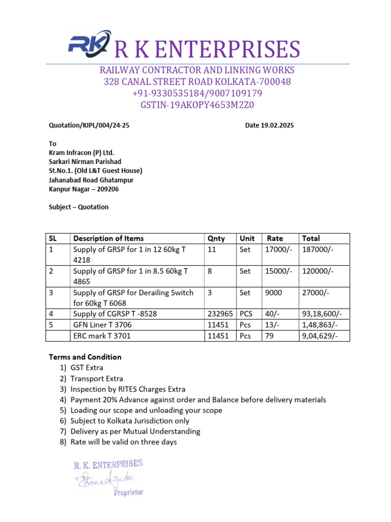Quotation KIPL For GRSP and Erc | PDF
