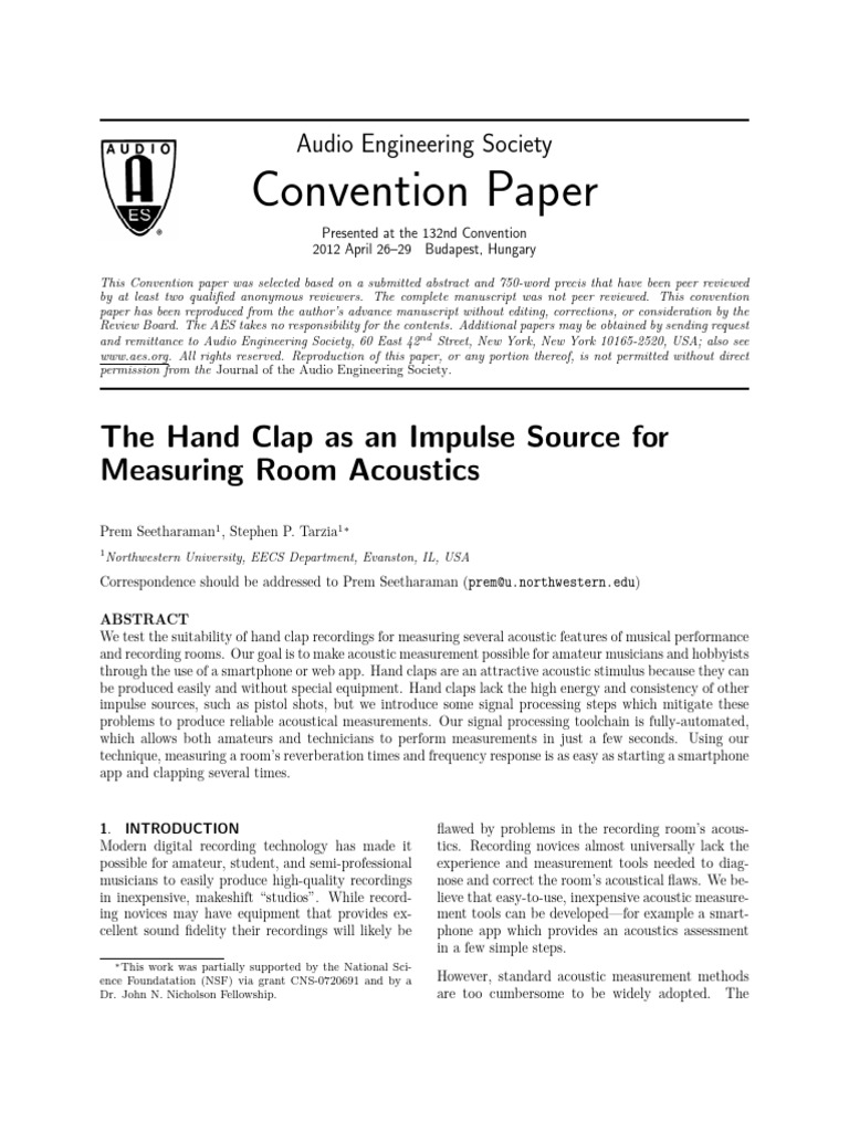 The Hand Clap as an Impulse Source for Measuring R | PDF | Acoustics ...