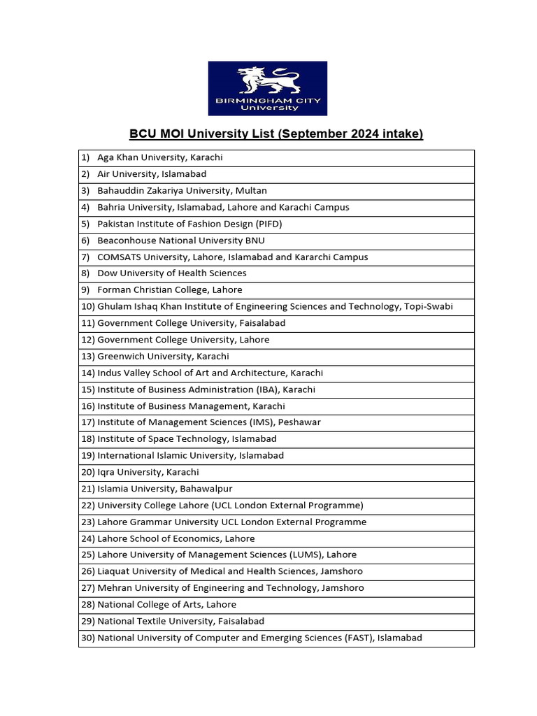 Final BCU MOI List September 2024 | PDF | Islamabad | World Politics