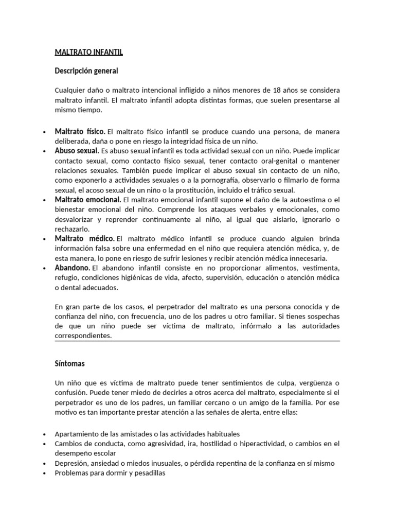 Tipos y Síntomas de Maltrato Infantil | PDF | Abuso infantil ...