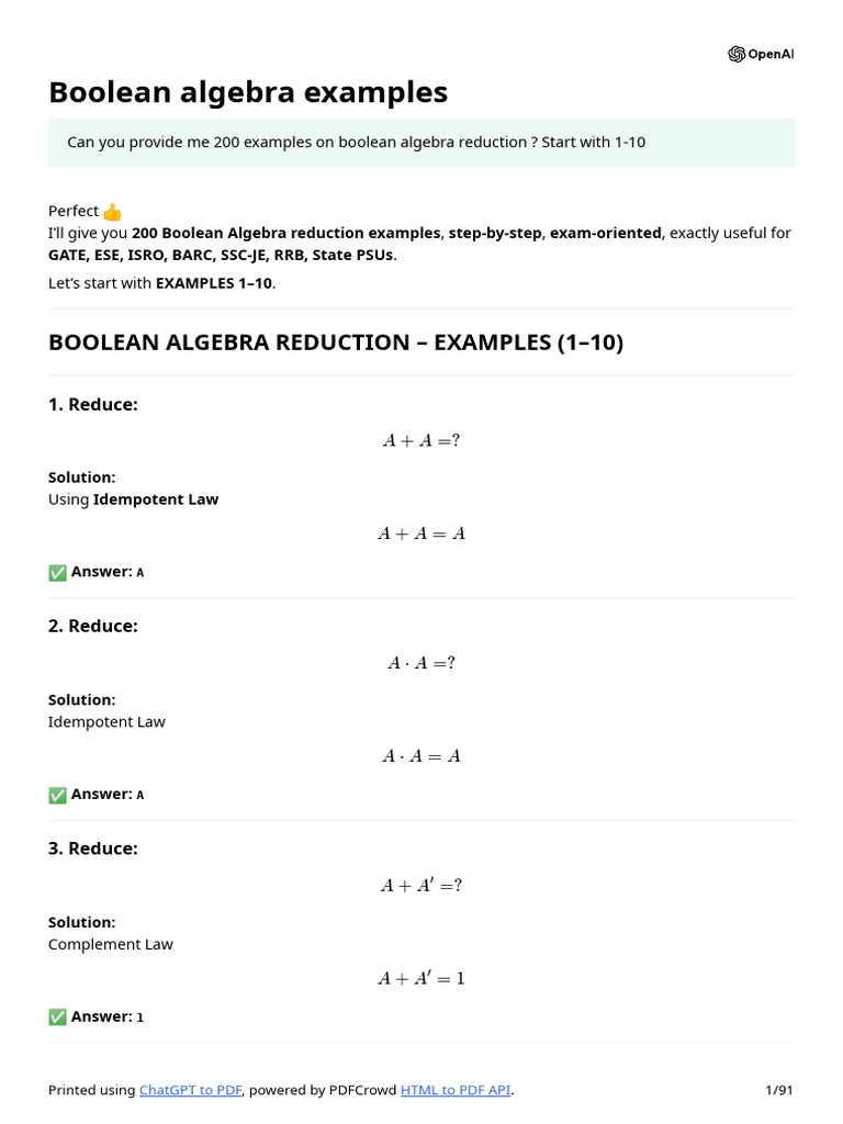 Boolean Algebra Reduction Examples 1-10 | PDF
