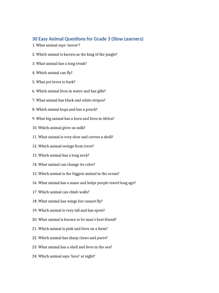30 Easy Animal Questions Grade3 | PDF