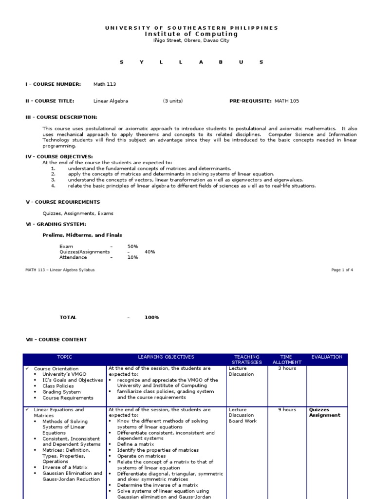 Linear Algebra - Syllabus | PDF | Determinant | Matrix (Mathematics)
